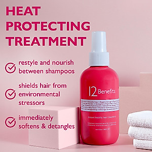 12 Benefits Instant Healthy Hair Treatment - Leave In Conditioner Spray with Quaternium 39 and Silk Fibre Protein - Smooths Frizz, Strengthens & Repairs Damaged Hair - Made in USA, (6 Fl Oz)