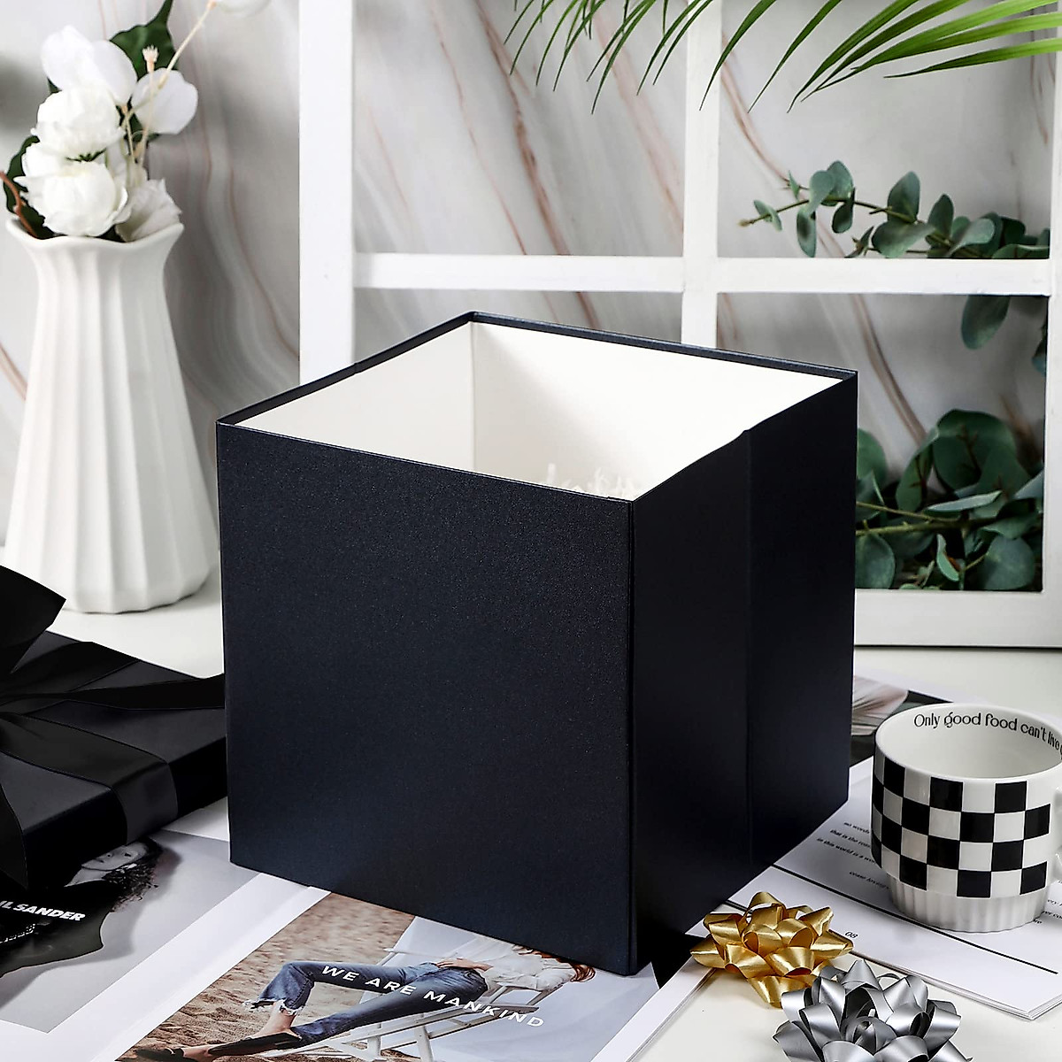 RUSPEPA Medium Birthday Gift Box with Lids, Ribbon and Tissue Paper, Collapsible Gift Box - 1 Pcs, 10x10x10 Inches, Black