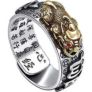 Jeshowmen Feng Shui Ring, Anillo Pixiu Ring, Adjustable Buddhist Heart Sutra Ring for Wealth and Protection Good Luck Money Amulet (A)