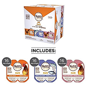 NUTRO Grain Free Natural Adult Wet Cat Food Paté, Chicken Recipe, Salmon & Tuna Recipe, and Chicken & Liver Recipe Variety Pack, 2.64 oz. PERFECT PORTIONS Twin-Pack Trays, 48 Count