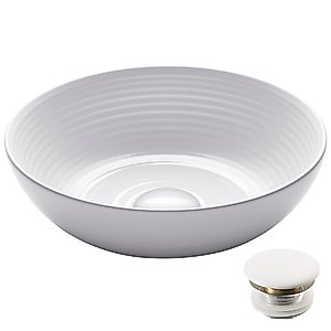 KRAUS Viva™ Round White Porcelain Ceramic Vessel Bathroom Sink with Pop-Up Drain, 13 in. D x 4 3/8 in. H, KCV-204GWH