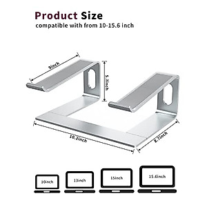 ALASHI Laptop Stand for Desk, Aluminum Computer Riser, Ergonomic Notebook Holder, Detachable Metal Laptops Elevator, PC Cooling Mount Support 10 to 15.6 Inches Notebook, Silver