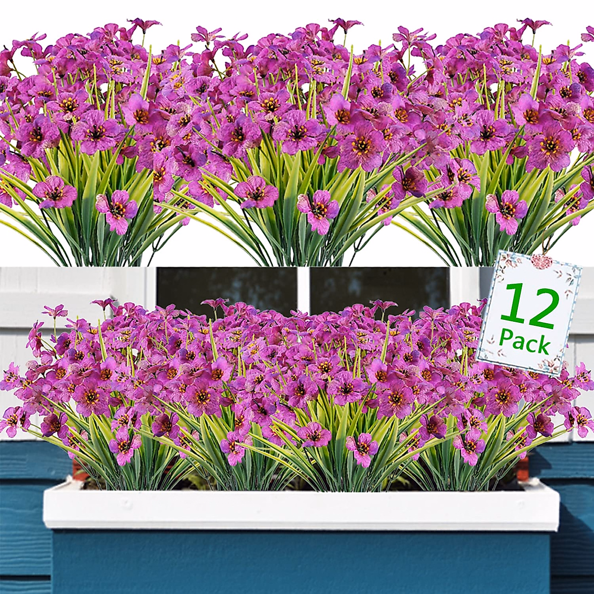 AUBEINSON 20 Bundles Artificial Flowers Outdoor UV Resistant Fake Flowers No Fade Faux Plastic Silk Flower for Outside Front Porch Planter Decoration (Purple)