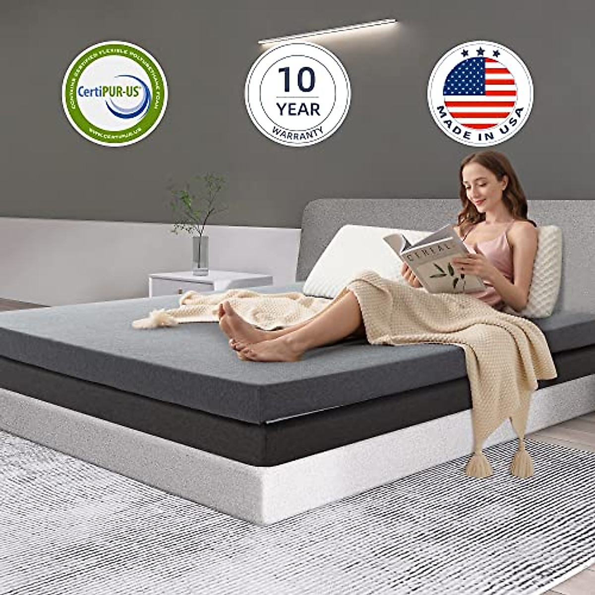 Erdoru 4 Inch King Size Mattress Topper with Removable Cover,8 Inch Memory Foam Mattress,2-in-1 Combination Mattress Topper in a Box,CertiPUR-US Certified,Grey