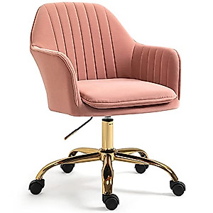 AVAWING Pink Chair Cute Office Chair, Mid-Back Vanity Chair Adjustable Task Office Chair 360°Swivel Roller Chair with Arms and Gold Metal Base for Home Office, Vanity Room, Bedroom