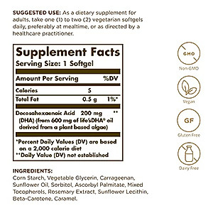 Solgar Vegetarian DHA 200 mg - 50 Vegetarian Softgels - Naturally Sourced Omega-3 - Vegan, Gluten Free, Dairy Free - 50 Servings