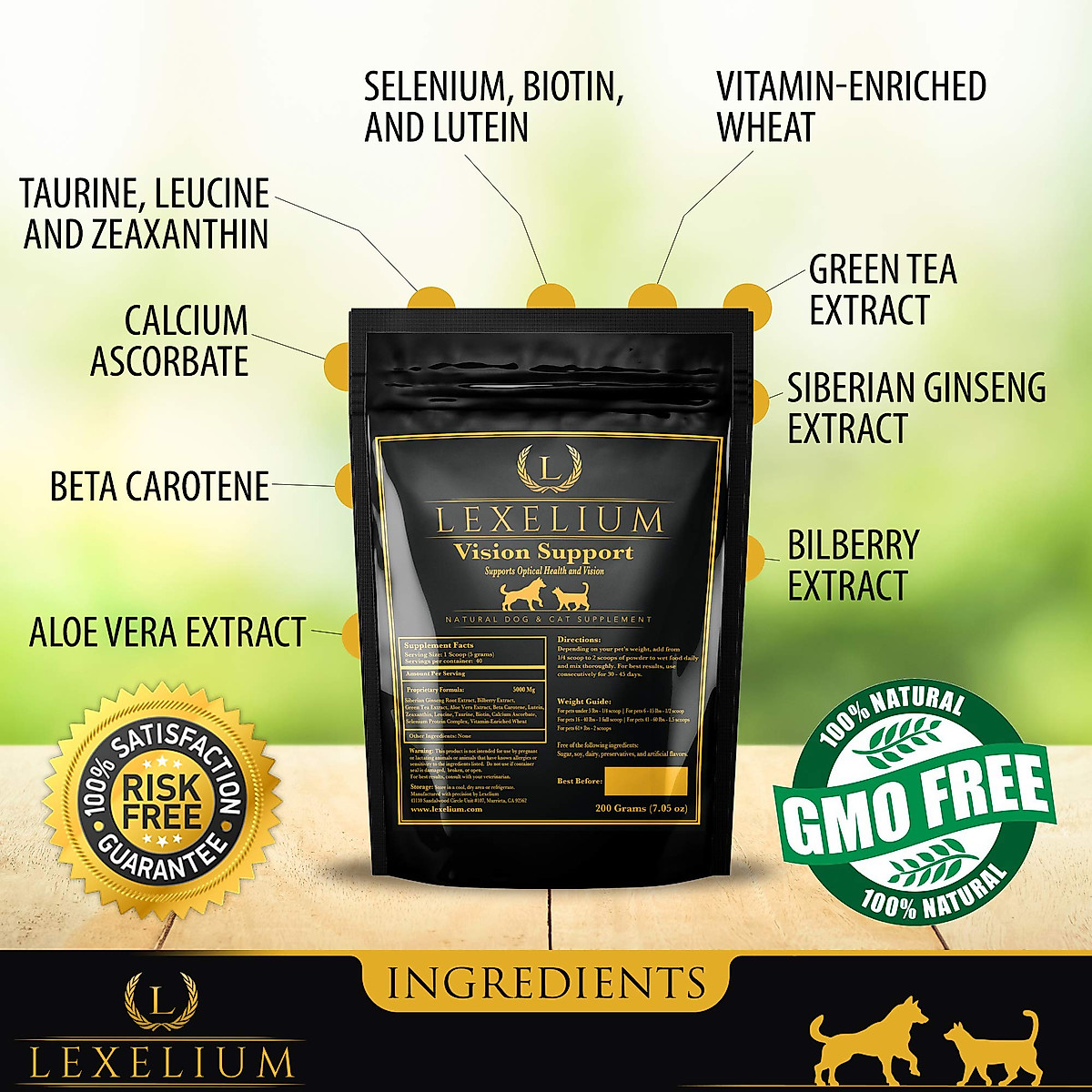 Lexelium Vision Support & Eye Sight Supplement for Dogs and Cats- Fortified with Zeaxanthin, Bilberry, Lutein, and Beta Carotene - 200 Grams