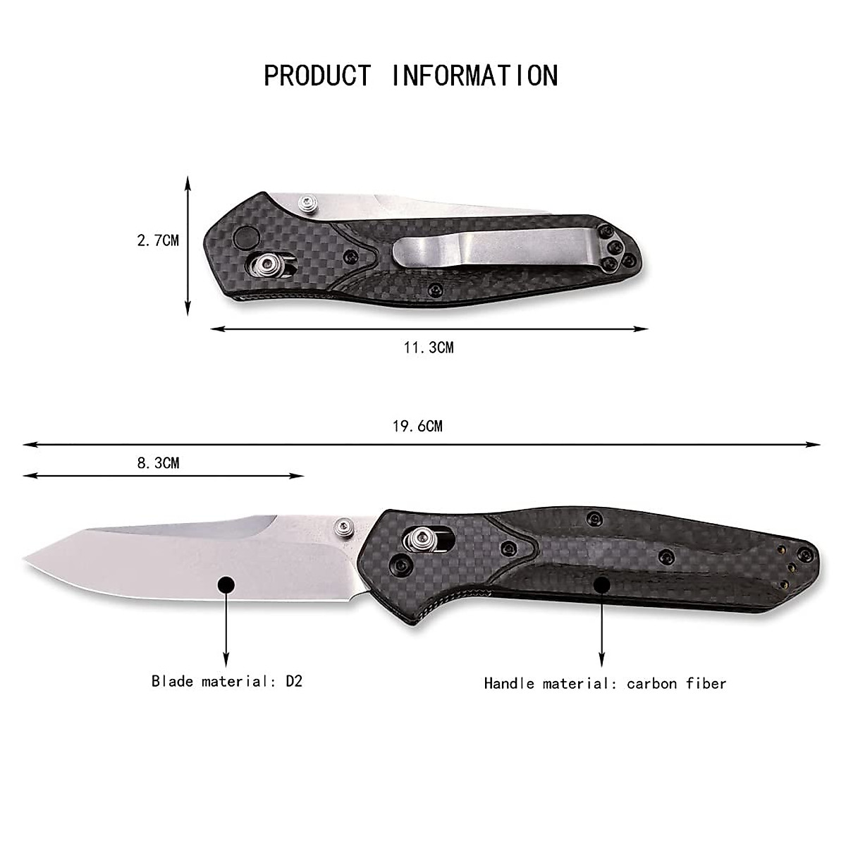 Outdoor Folding Pocket Knife, Reverse Tanto Blade, Plain Edge, Satin Finish, Black Carbon Fiber Handle With Belt Clip, Everyday Carry Thumb Studs Manual Open