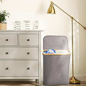 AMBIRD 2-Pack Laundry Basket with Lid, Bamboo Frame, Large Capacity, Upgraded Fabric, Portable and Foldable, Ideal for Bedroom, Bathroom, Nursery, and Household