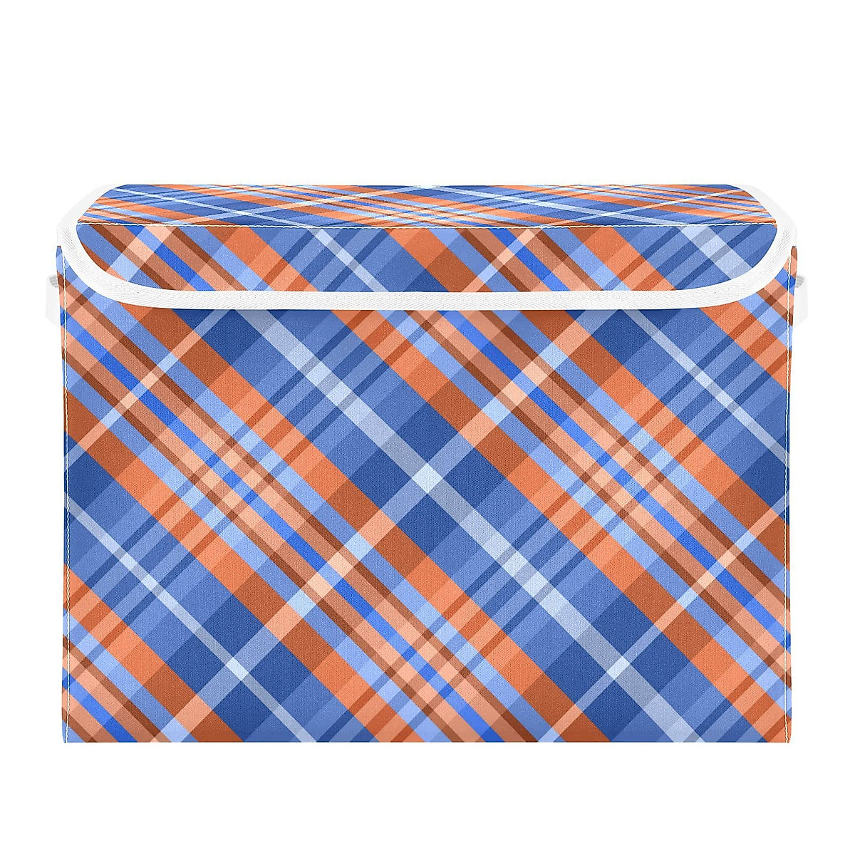 Kigai Orange Blue Plaid Storage Basket with Lid Collapsible Storage Bin Fabric Box Closet Organizer for Home Bedroom Office 1 Pack
