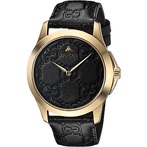 Gucci Gold-Tone and Leather Casual Black Watch(Model: YA1264034)