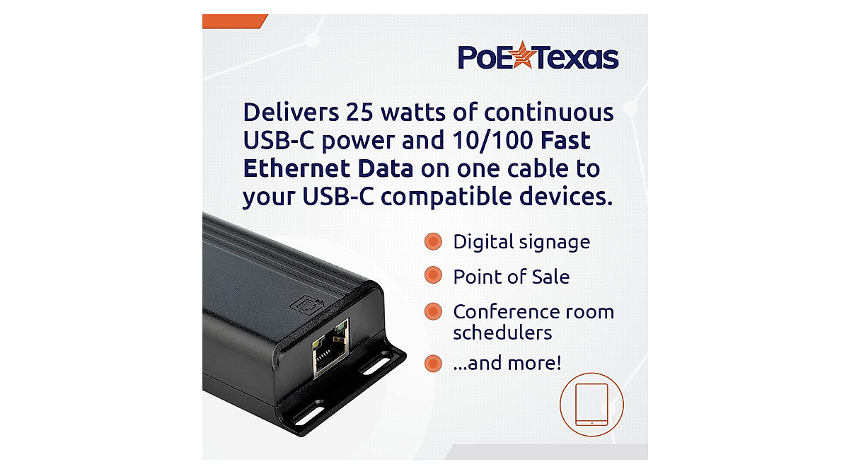 PoE Texas PoE+ USB-C Converter for Power & Data - Perfect for Tablets & POS