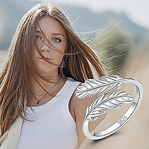 Hioed 925 Sterling Silver Feather Inspirational Jewelry Ring Adjustable Dainty Wrap Open Rings for Women