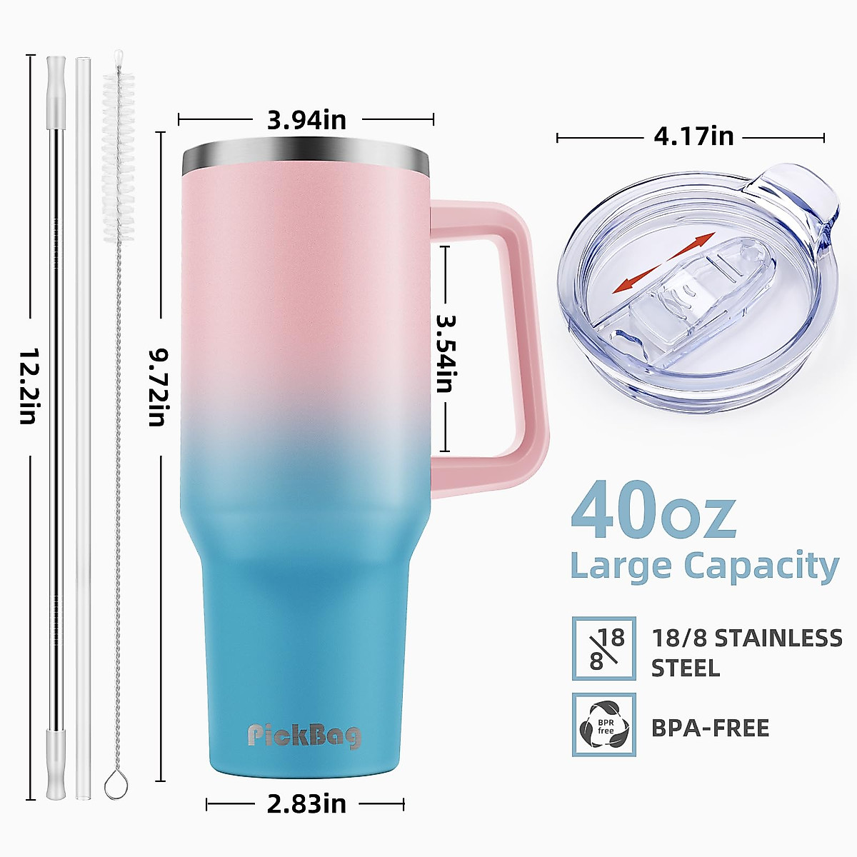 40 oz Tumbler with Handle and Straw Lid, 100% Leak Proof Cup Tumblers, Stainless Steel Insulated Travel Coffee Mug, Keeps Drinks Cold for 24 Hours or Hot for 10 Hours, Cupholder Friendly, PinkBlue