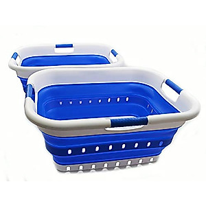 SAMMART 41L Set of 2 Collapsible 3 Handled Plastic Laundry Basket - Foldable Pop Up Storage Container/Organizer - Portable Washing Tub - Space Saving Hamper/Basket (2, White/Dark Blue)