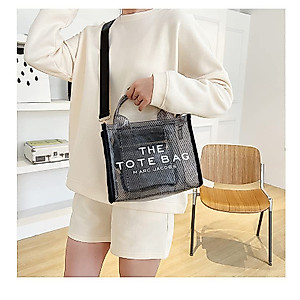 knzdvoy Mesh Tote Bag for Women, Large Satchel Tote Bag for Summer Beach Bags Fashion Clear Tote Bag Messenger Bag (10.6'' L X 8.3'' H X 4.1'' T,black)