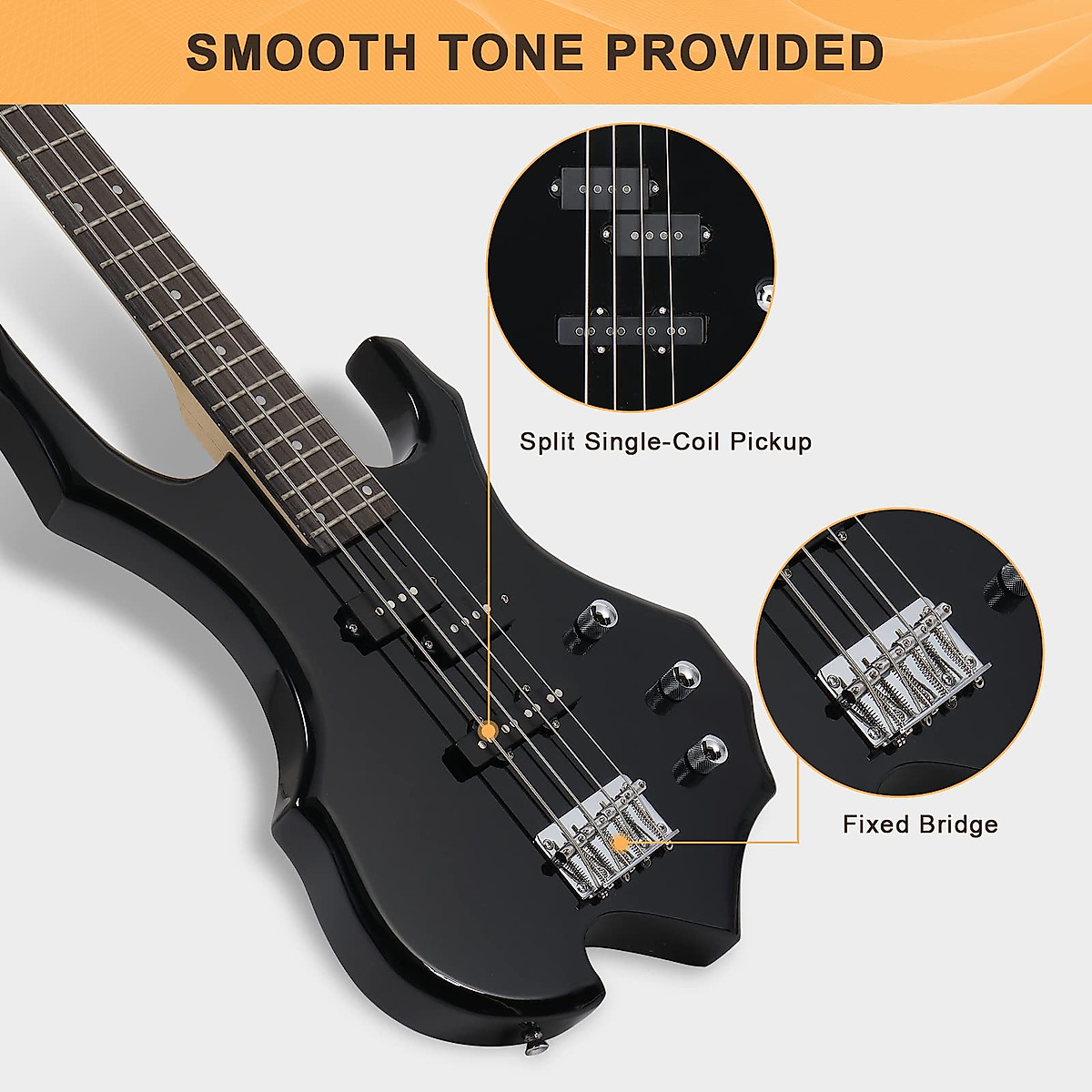 GLARRY Electric Bass Guitar 4 Strings Buring Fire Style Single Coil - Split Single Coil Pickups for Beginner Adults Right Hand w/ 20W Amp, Bag, Strap and Cord (Black)