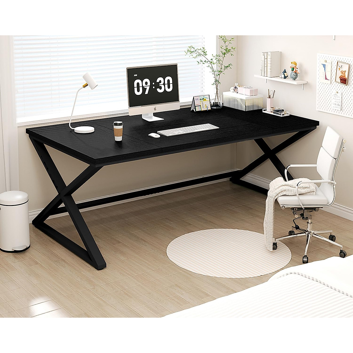 IBF Large Black Computer Desk, 70.8” Long Writing Desk for Home Office, Modern Simple Executive Work Study Desk for Two Person, Wood Double PC Gaming Workstation Computer Table for Bedroom, Black Oak