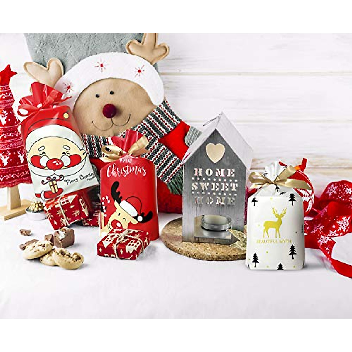 DLY 50 Pcs Christmas candy bag Christmas treat bags Candy Goodies Plastic Drawstring Gift Bags Merry Christmas Treat Bags for Birthday Party Snack Wrapping Wedding Gift Party Favor Merry X-mas