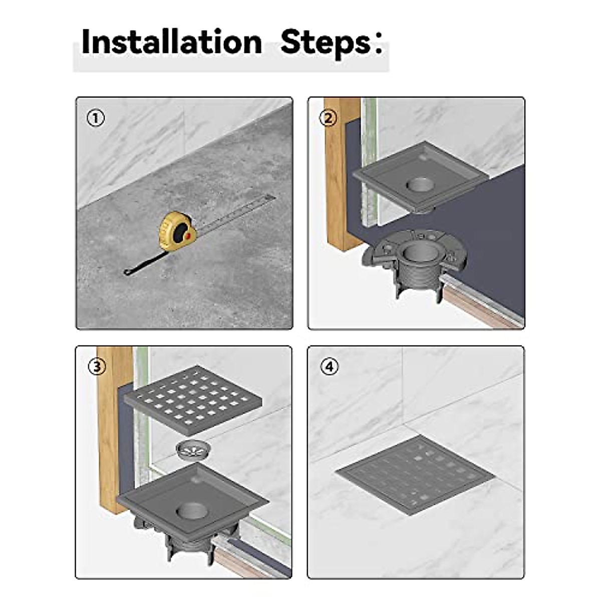 Black Shower Drain 4 Inch with Flange CUPC Certified- Made of 304 Stainless Steel, Square Shower Drain Includes Removable Cover Grid Grate,Thread Adapter, Shower Drain