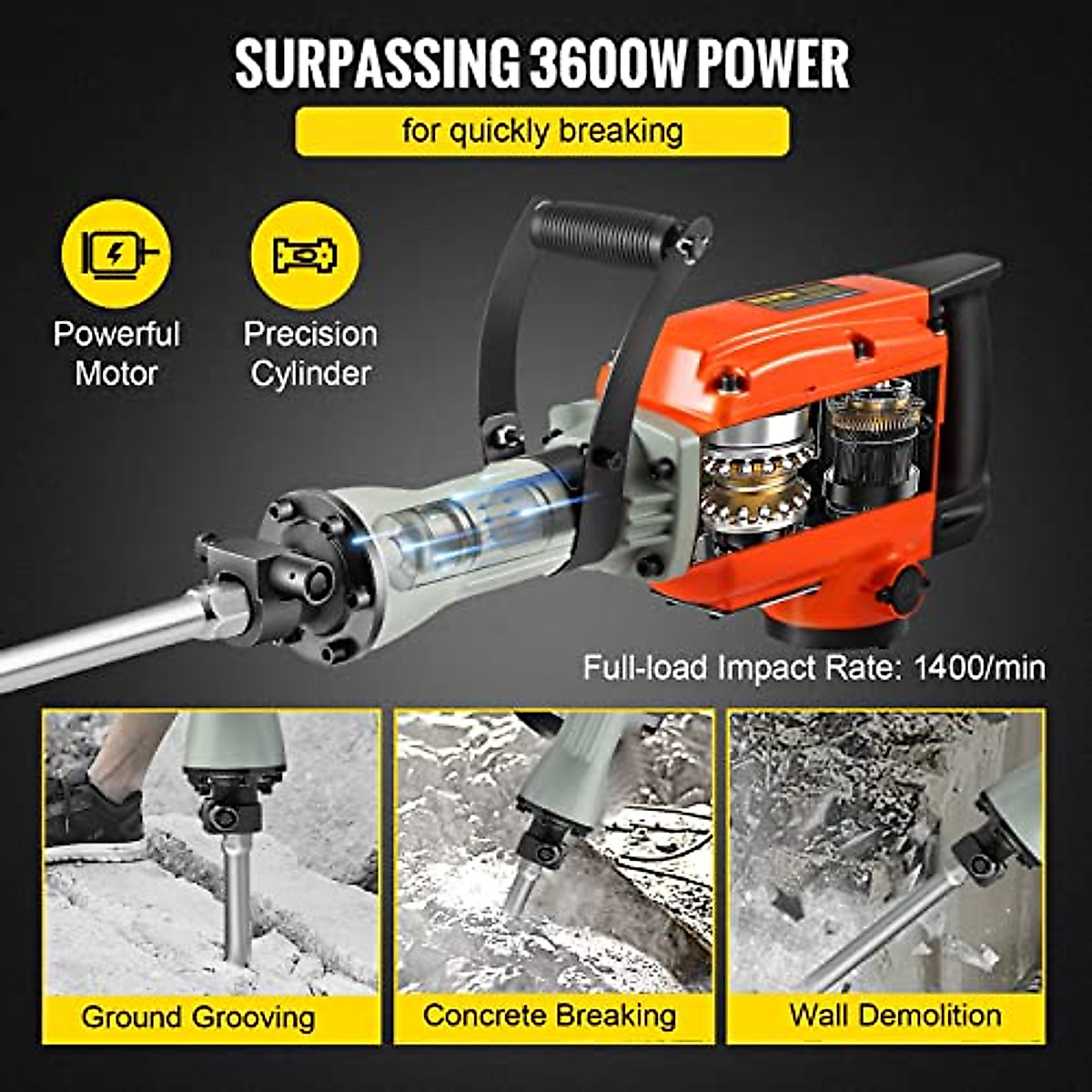 VEVOR Demolition Jack Hammer 3600W Concrete Breaker 1400 BPM Heavy Duty Electric 4pcs Chisels Bit w/Gloves & 360°Swiveling Front Handle for Trenching, Chipping, Breaking Holes