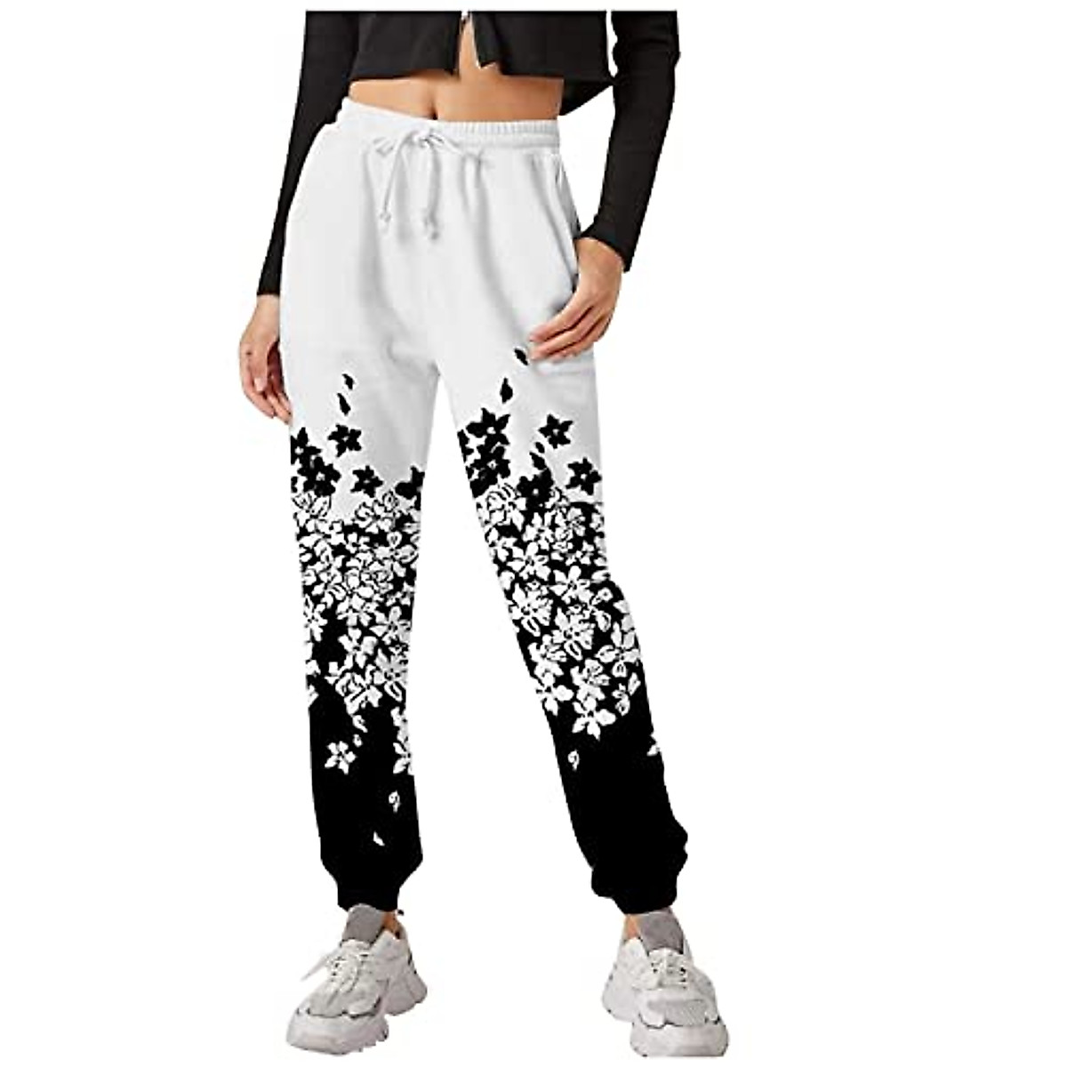 White L Cotton Women's Sweatpants With Pockets Elastic Waistband Linen Summer Baggy Leggings Boho Flower Fall Pants Vintage Graphic Patchwork Warm