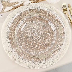 BalsaCircle 4 Natural 15 in Round Burlap Jute Placemats White Mandala Print Fringe Trim Wedding Party Events Decorations Supplies