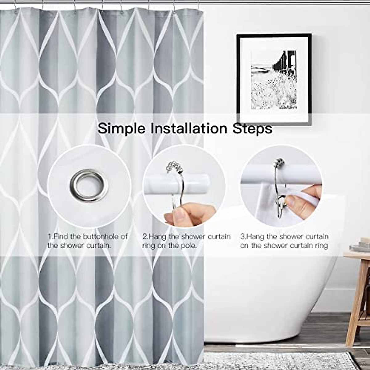 Gelbchu Grey Fabric Shower Curtain, Waterproof Design and Polyester, Quick-Drying, Weighted Hem, Shower Curtains Set for Bathroom W 72 x H 72, Durable and Washable with 12 Hooks