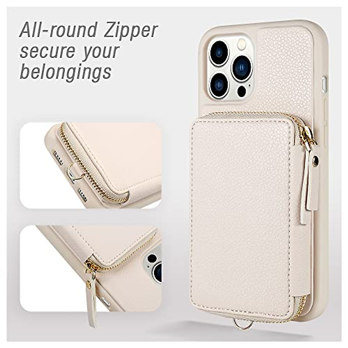 ZVE iPhone 13 ProMax Wallet Case with Wrist Strap, Zipper Phone Case with RFID Blocking Card Holder Leather Case Cover Women iPhone Accessories for iPhone 13 Pro Max 6.7"- Beige