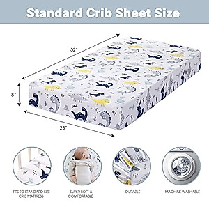 Plushii Crib Sheets for Baby Boys 4 Pack, 28"x 52" Extra Soft Microfiber Crib Sheet Set for Standard Crib & Toddler Mattress Pad, Dinosaur & Elephant & Stars & Navy Blue