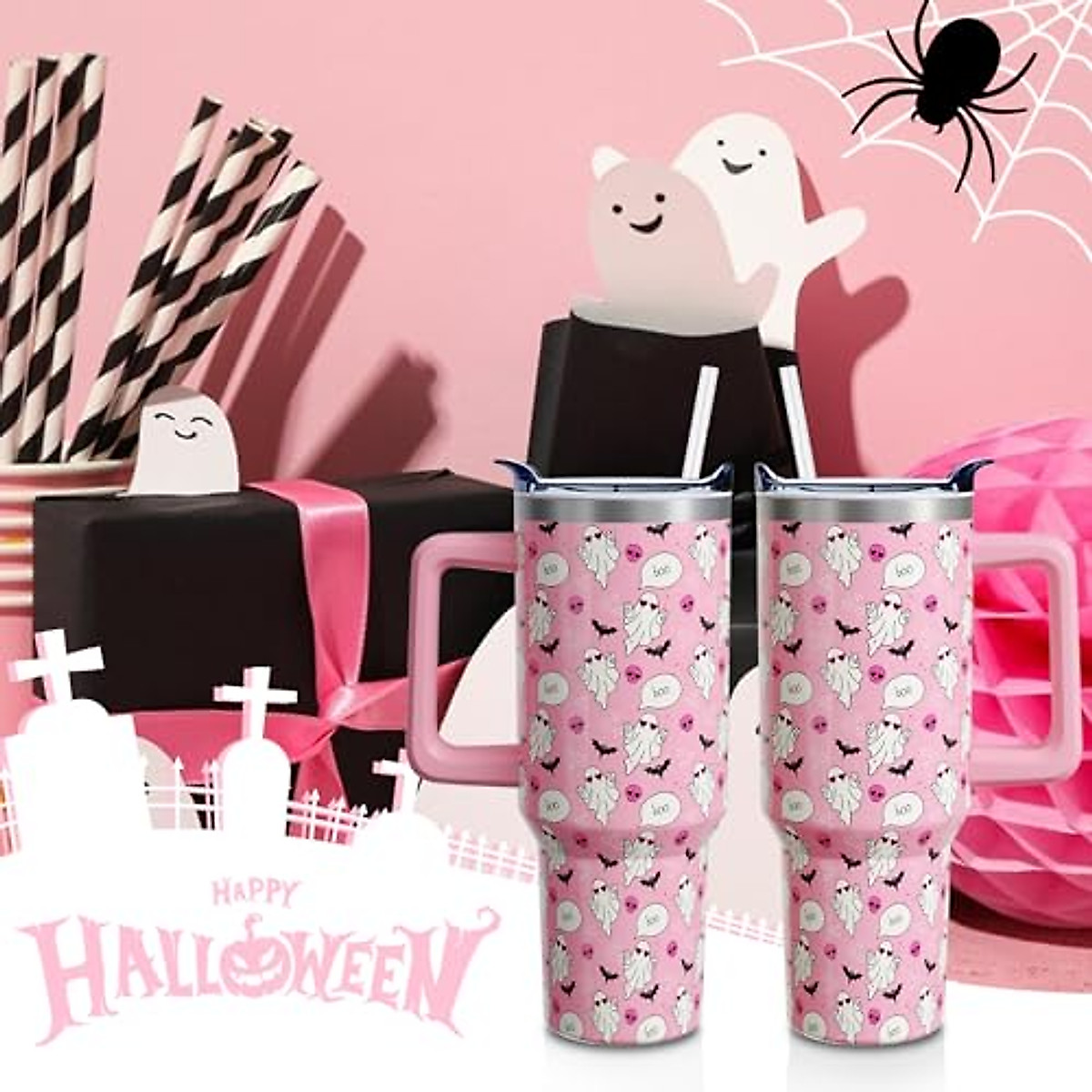Aokoyi Halloween Ghosts 40oz Tumbler Cup with Handle and Straw, Pastel Holiday Gifts for Women Girls, Stainless Steel Insulated Water Bottle 1PC