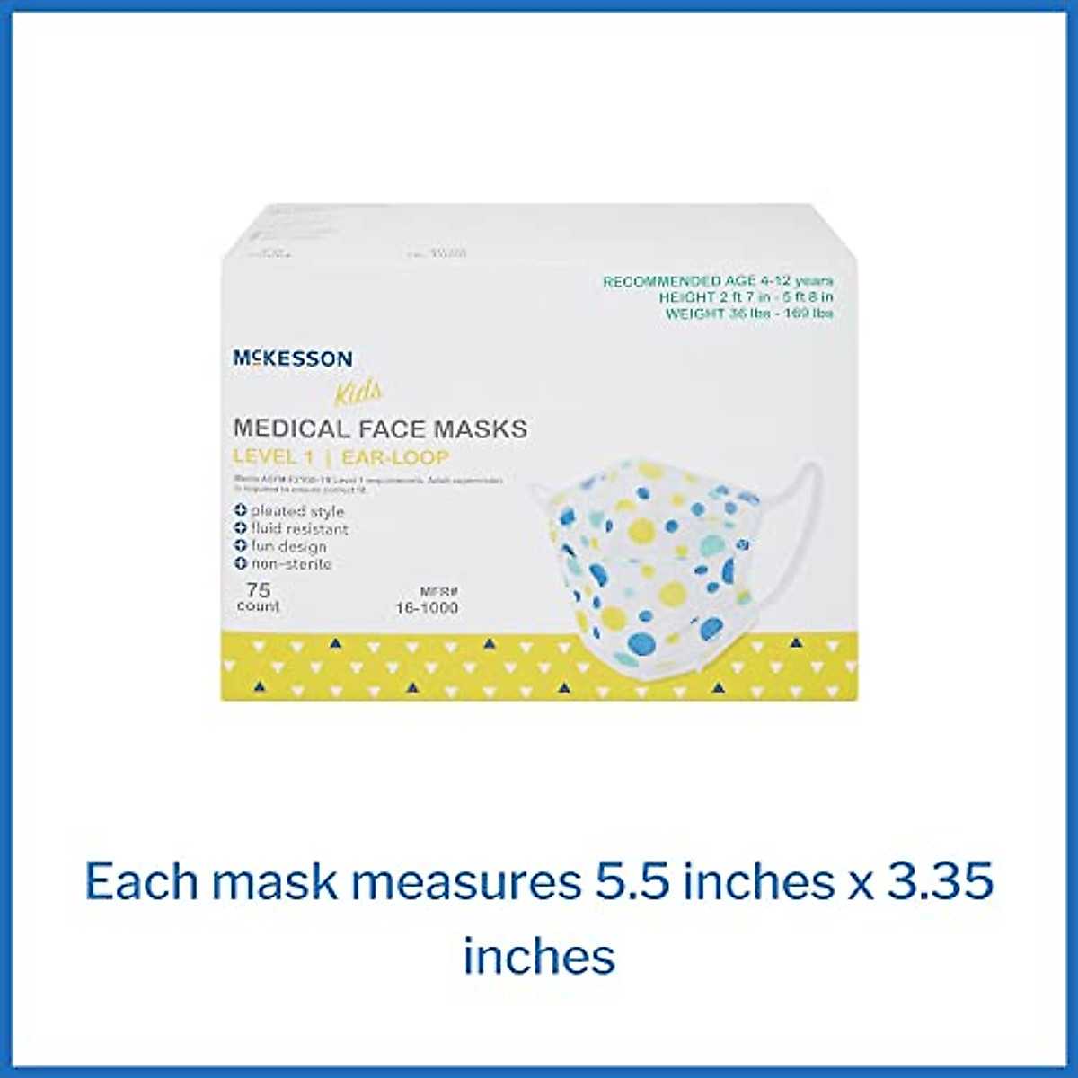 McKesson Kids' Medical Face Masks, Level 1 - Pleated with Ear Loops, Non-Sterile, Blue and Yellow Polka Dots - Fits Kids 4 to 12 Years Old, 5.5 in x 3.35 in, 75 Count, 1 Pack