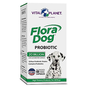 Vital Planet - Flora Dog Probiotic Capsules Supplement with 20 Billion Cultures and 10 Strains, High Potency Immune and Digestive Support Probiotics for Dogs, 30 Delayed Release Capsules