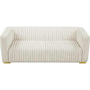 Meridian Furniture 640Cream-S Ravish Collection Modern | Contemporary Velvet Upholstered Sofa with Deep Channel Tufting + Both Gold & Chrome Legs Included
