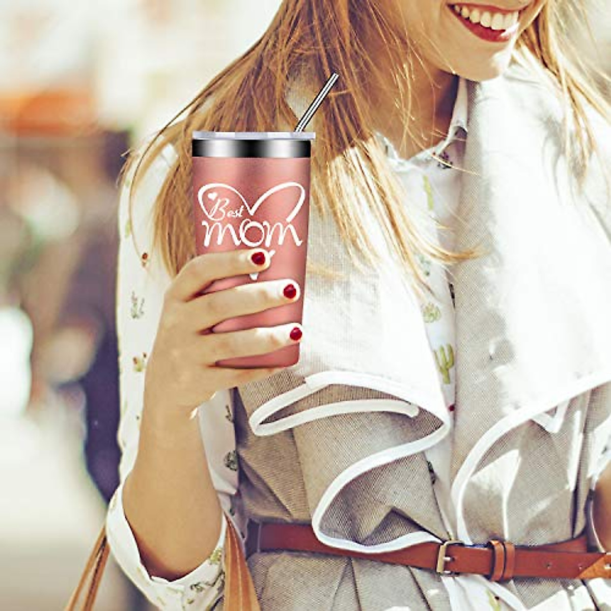 AMIGOO Best Mom Ever - Stainless Steel Mug Tumbler with Lid and Straw, Insulated Travel Coffee Cup Mothers Birthday Gifts for Her Mom Women Ladies (20 oz, Rose Gold)