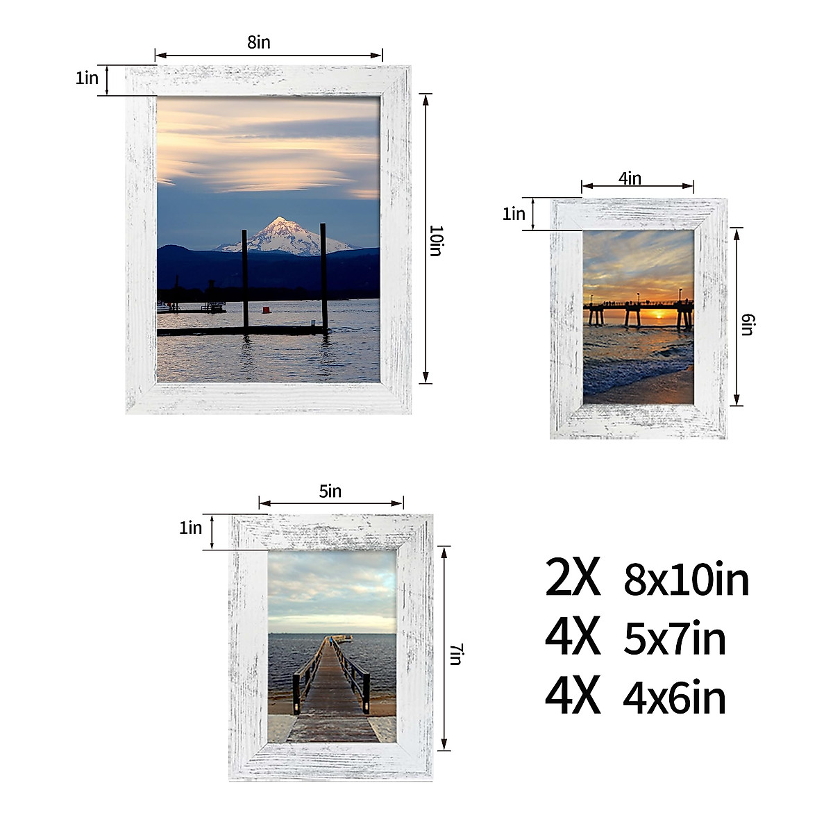 iRahmen Picture Frames 10 Pack, Gallery Wall Collage frame with Two 8x10, Four 5x7, Four 4x6, Photo Frame set for Hanging or Tabletop Display, Real Glass, Distressed White