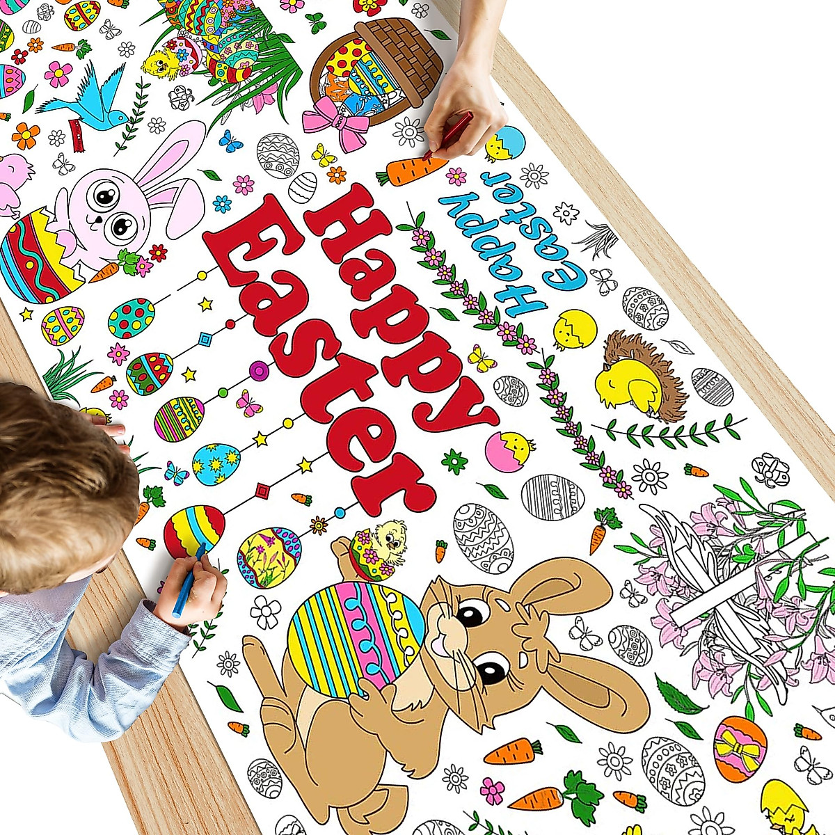 OHOME Easter Giant Coloring Poster/Tablecloth - Easter Crafts for Kids - 30 x 72 Inches Jumbo Coloring Banner - Easter Games Gifts Toys for Basket,Easter Activities Treats Party Decorations