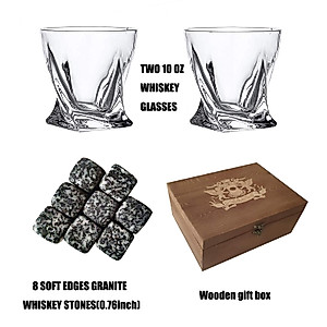 Whiskey Stones and Whiskey Glass Gift Boxed Set - 8 Granite Chilling Whisky Rocks + 2 Large 11 oz Crystal Glasses in Wooden Box - Great Gift for Dad's Birthday or Anytime For Dad/Father/husband bro