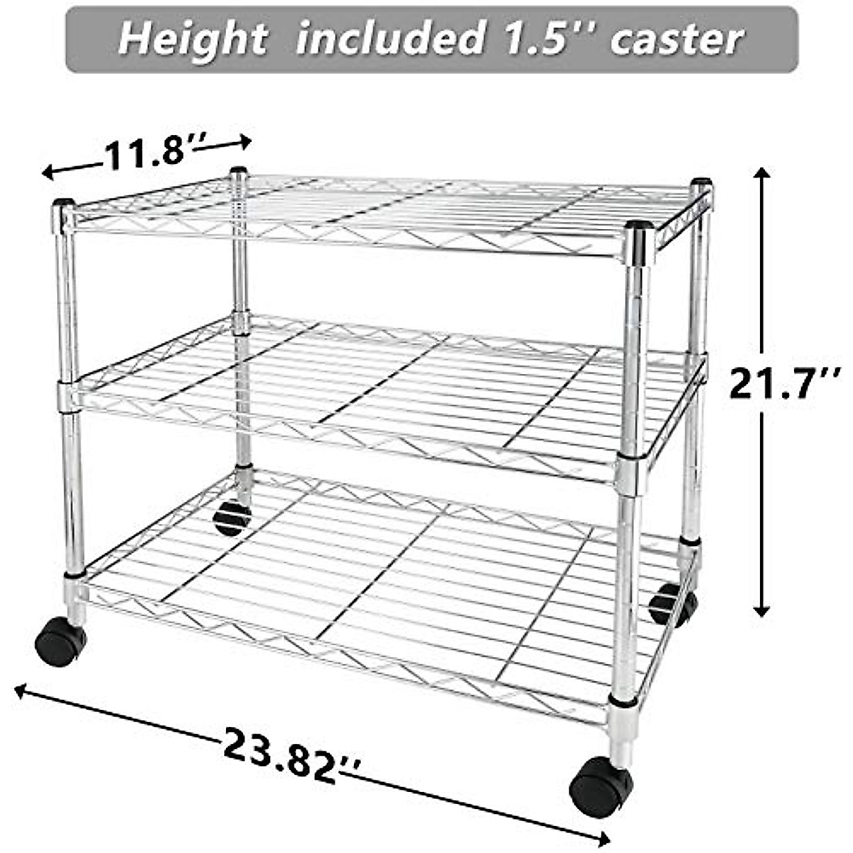YSSOA Heavy Duty 3-Shelf Shelving Unit with Wheels, Plug Version, 23.82" D x 11.80" W x 20.20" H, Chrome, 3 Tier