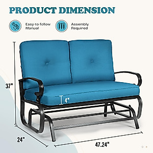 Patiomore Outdoor Bench Patio Swing Glider Loveseat 2 Seats Rocking Chair, Wrought Iron Chair Set with Blue Cushion