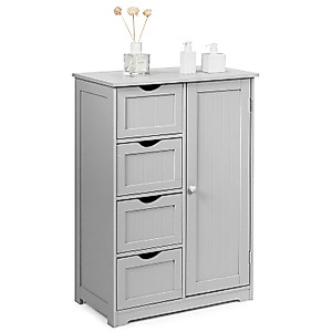 COSTWAY Bathroom Storage Cabinet, Wooden Freestanding Storage Cupboard Organizer with 4 Drawers & Adjustable Shelf, Modern Floor Cabinet for Living Room, Bathroom, Kitchen, Entryway (Grey)