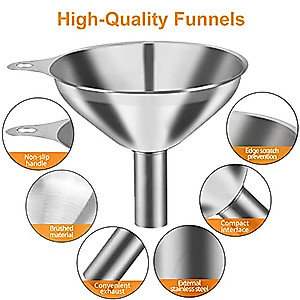 YLYL 6Pcs Metal Stainless Steel Funnel, Large Small Funnel Set of 3, Food Grade Mini Funnels for Kitchen Use Filling Bottles Flask Cooking, 2 Brushes