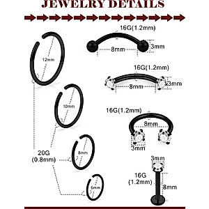Prjndjw 16g Lip Rings Stainless Steel Horseshoe Rings Eyebrow Rings Labret Monroe Lip Rings Nail Tragus Helix Earrings Studs Ring Medusa Piercing Jewelry 8mm 44 Pcs Glow in the Dark