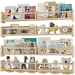 ECOOCE 34Inch Nursery Bookshelves,Set of 4,Wall Floating Shelf Kids Coat Rack with 6Hooks,Hanging Book Shelf for Baby Nursery Room Décor， Patent Number: 29958098(Burlywood, 34)