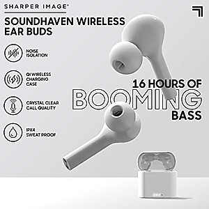 Sharper Image Soundhaven Wireless Earbuds, Bluetooth 5.0 with Qi Wireless Charging, Earphones with 4 Mics, 16 hr Playtime, Ergonomic Design, 5 Ear Tip Sizes