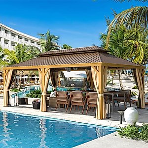 EROMMY 14'x22' Hardtop Gazebo, Galvanized Steel Double Roof with Wood Grain Aluminum Frame, Outdoor Gazebo with Curtains and Nettings for Patio, Backyard and Deck