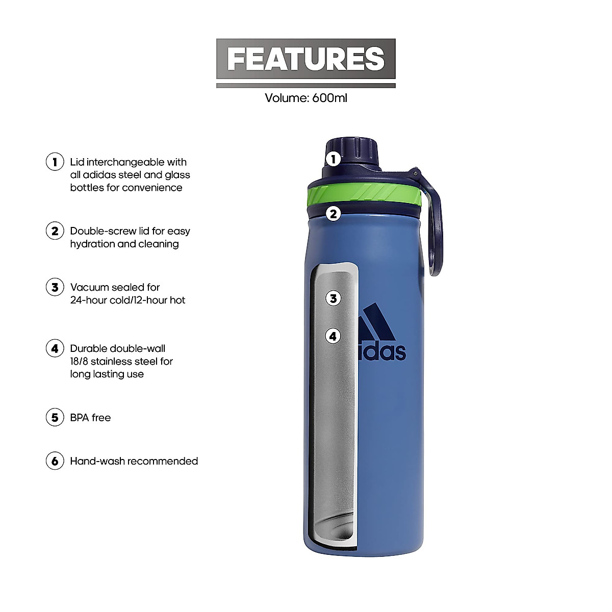 adidas 600 Ml (20 Oz) Metal Water Bottle, Hot/Cold Double-Walled Insulated 18/8 Stainless Steel, Icon Brand Love Black/Black/White, One Size