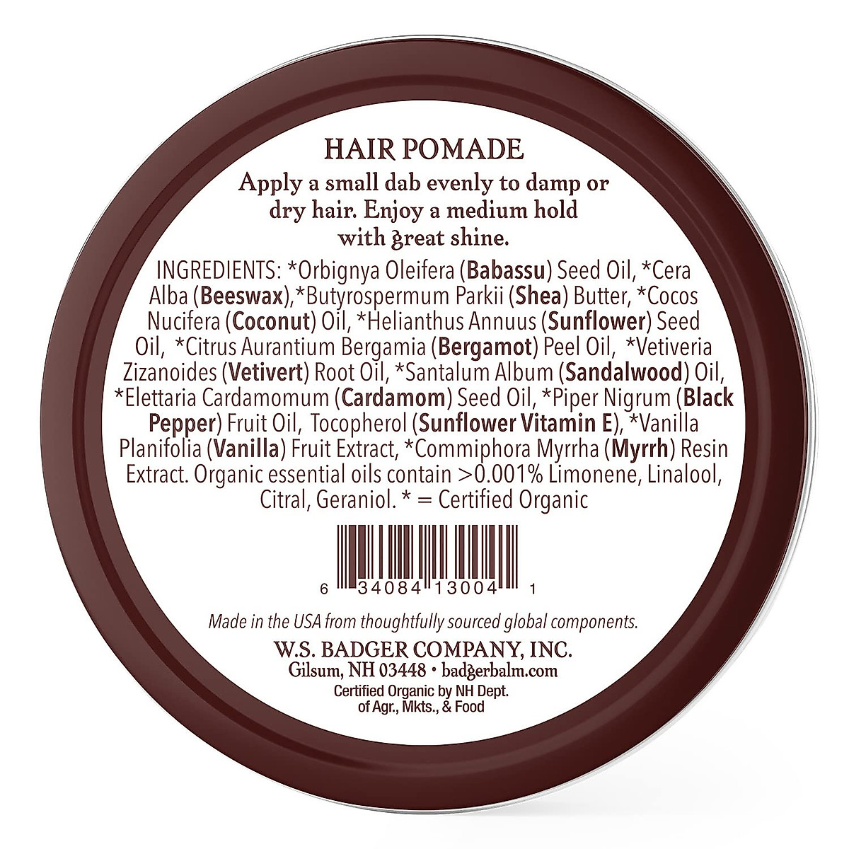 Badger - Hair Pomade, Certified Organic, Medium Hold Hair Pomade with Great Shine, Essential Oils, Mens Hair Pomade, 2oz