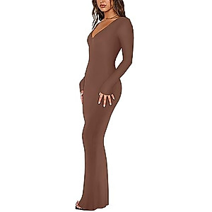 REORIA Women's Sexy Soft Lounge Ribbed Long Dress Fall Elegant Formal Wedding Guest Long Sleeve Deep V Neck Bodycon Maxi Dresses Coffee Small