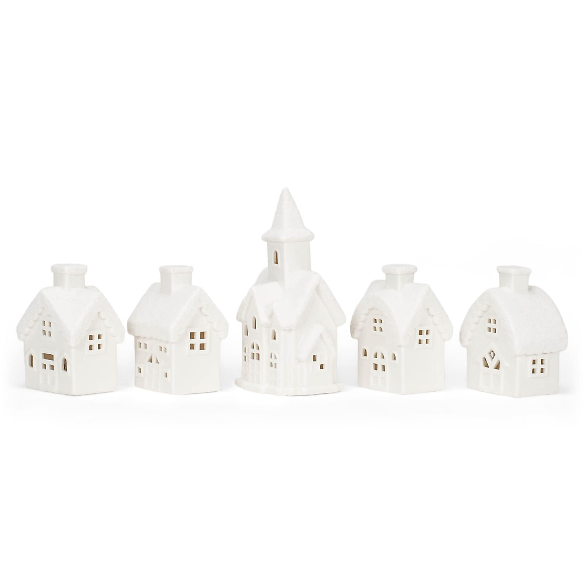 Mark Feldstein & Associates Winter Village with Barn White Unglazed Porcelain Holiday Pre Lit LED Figurines, Set of 11, 5 Inch
